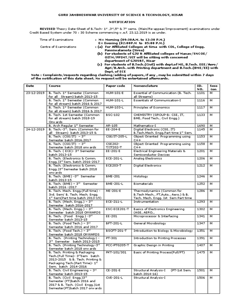 B.Tech Revised Exam Date-Sheet 2019 | PDF | Technology & Engineering