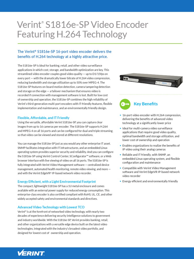 Verint S1816e SP Video Encoder Data Sheet | PDF