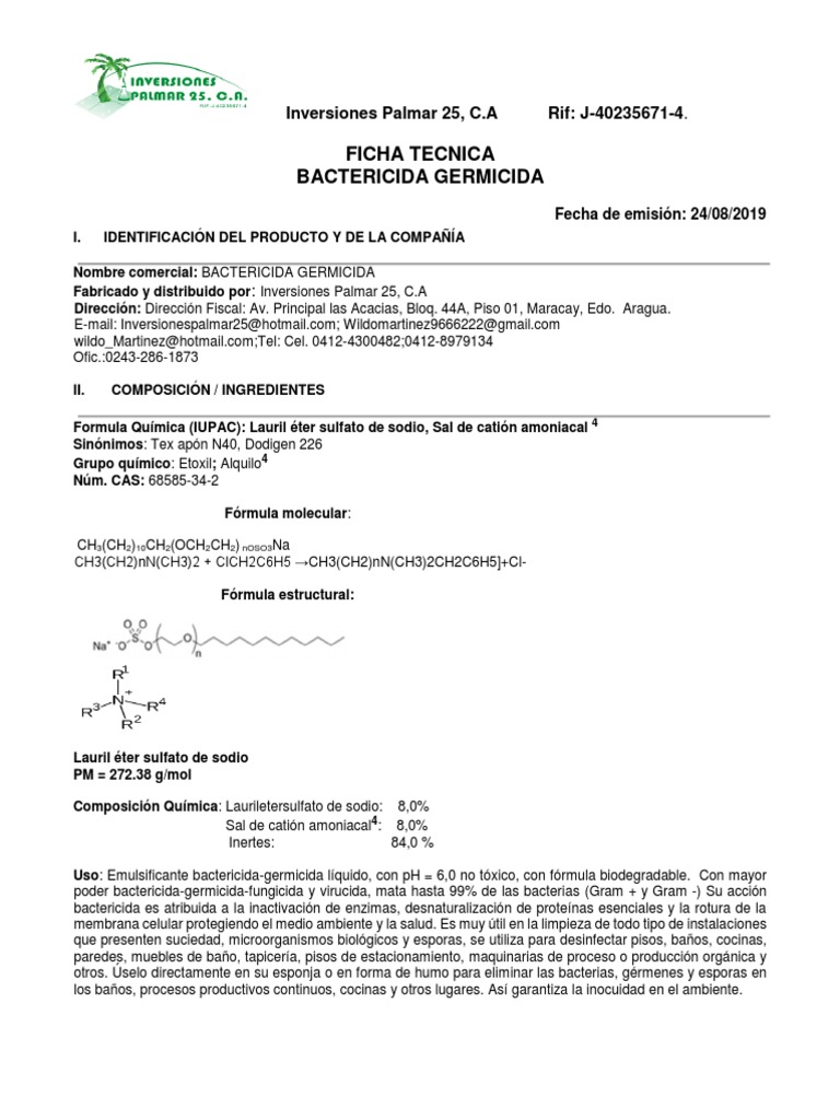 Ficha Tecnica Bactericida-Germicida Palmar 25, C | PDF