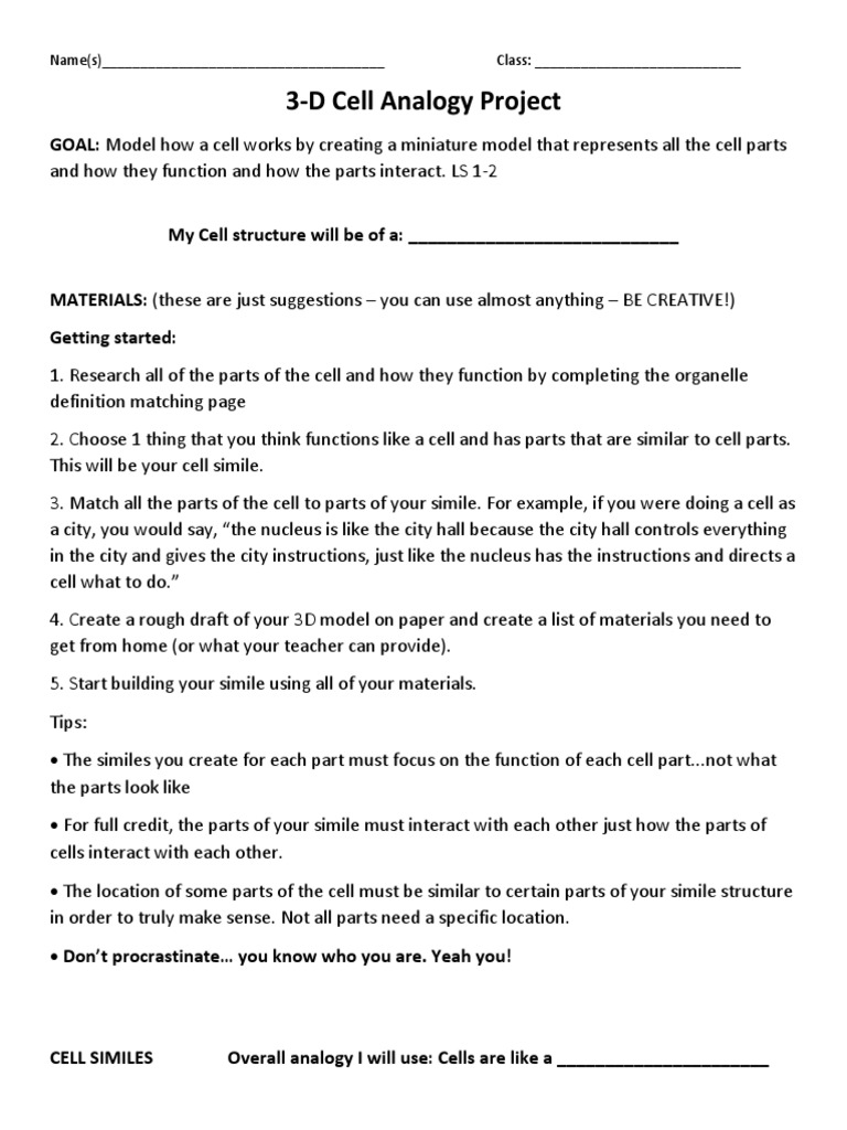 Cell Analogy Project | PDF