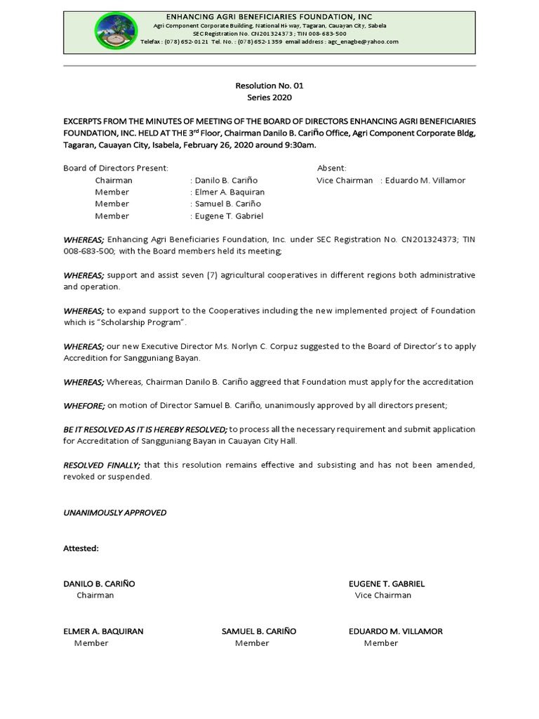 Accreditation Resolution for Agri Foundation | PDF