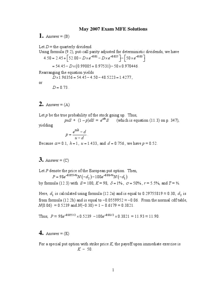 Edu Exam Mfe 0507 Sol | PDF | Option (Finance) | Normal Distribution