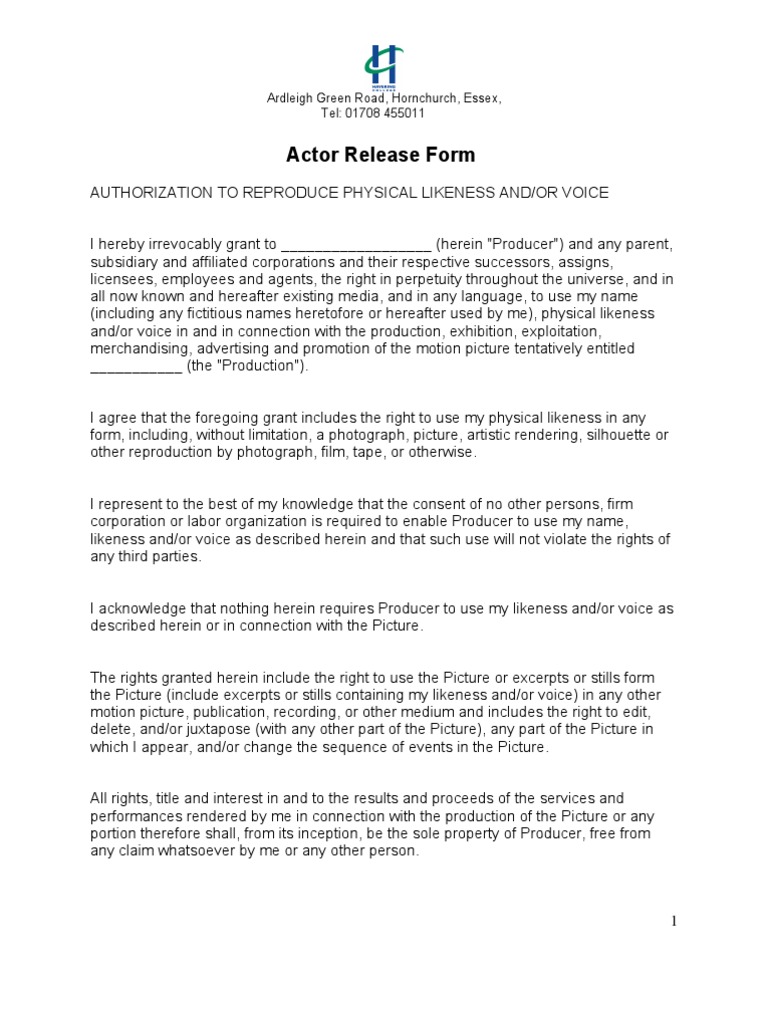 Actors Release Form | PDF | Virtue | Government Information