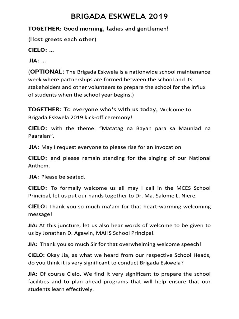 Brigada Eskwela 2019 Kick-off Script | PDF | Wellness | Lifestyle