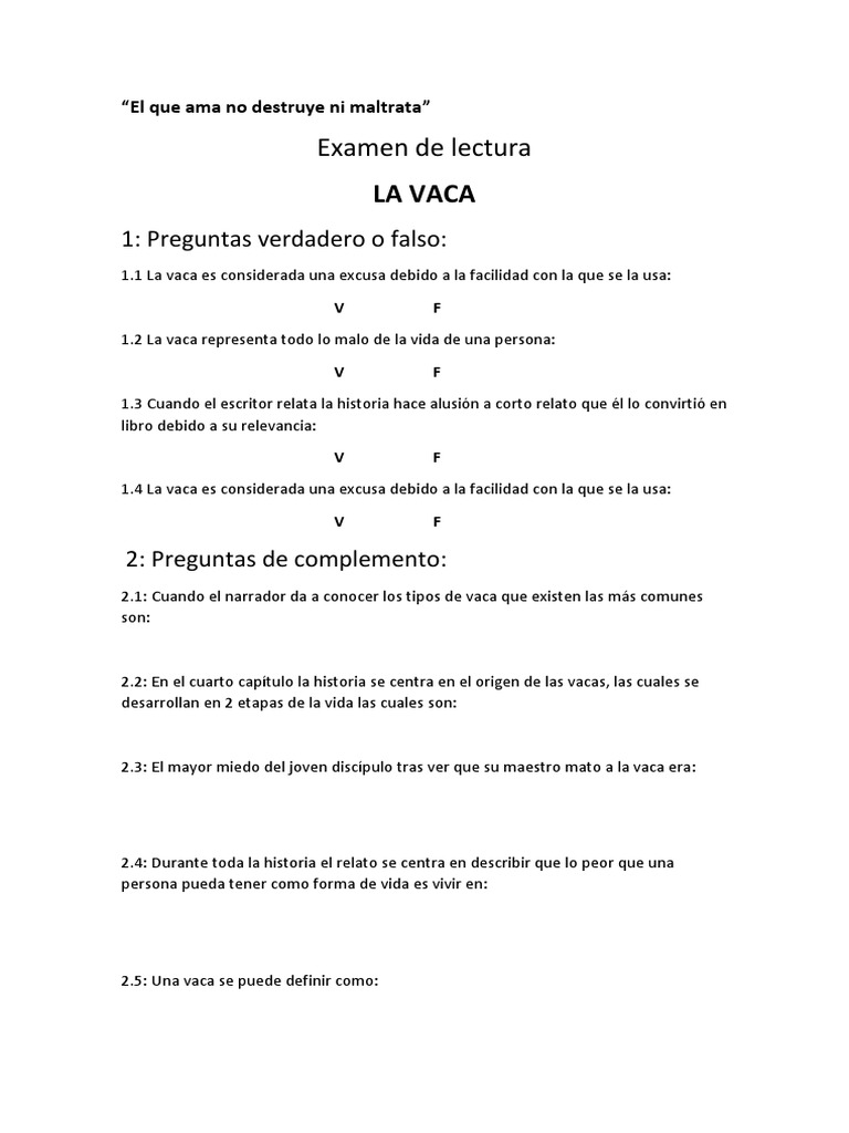 Examen de Literatura La Vaca | PDF