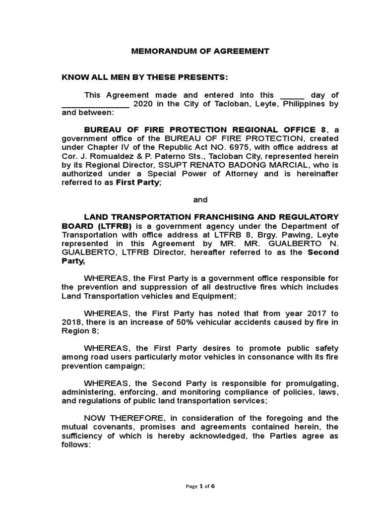 MEMORANDUM OF AGREEMENT LTFRB BFP Autosaved | PDF | Law