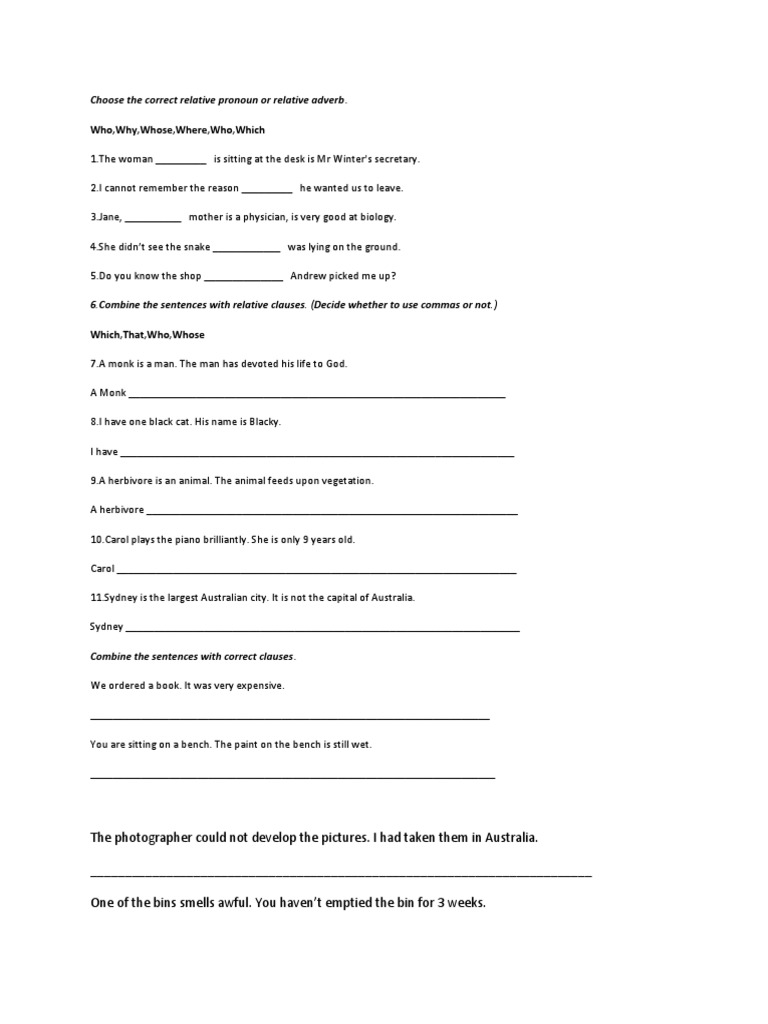 Relative Pronouns and Adverbs Exercise | PDF | Language Arts ...