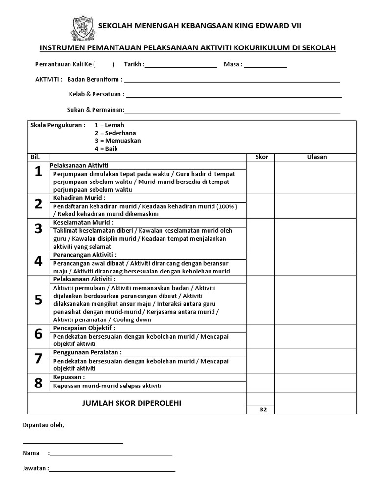 Instrumen Pemantauan Pelaksanaan Aktiviti Kokurikulum Di Sekolah | PDF