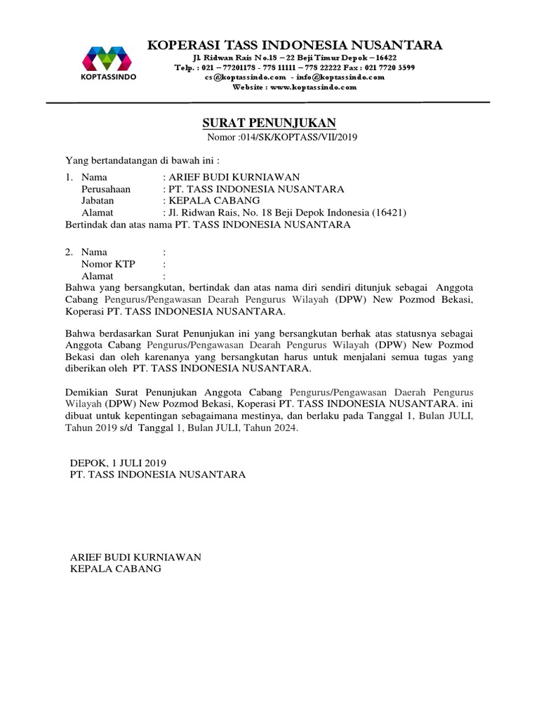 Surat Penunjukan Koperasi Tass (Korwil) Contoh | PDF