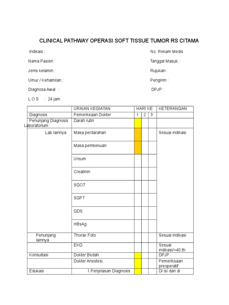 Clinical Pathway Operasi Soft Tissue Tumor Rs Citama Final - Odt | PDF