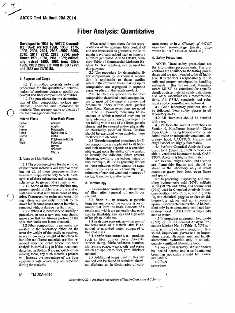 AATCC Test Method 20A-2014 - Fiber Analysis Quantitative PDF | PDF