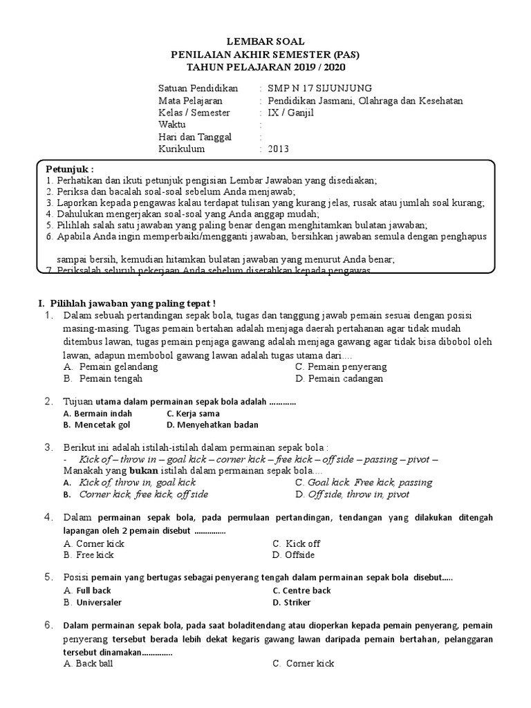 Soal Pas Pjok KLS 9 K13 2019 | PDF