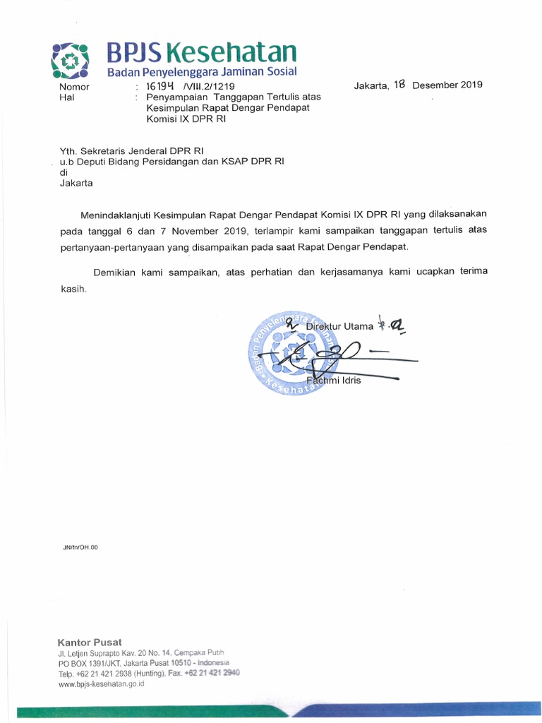 Jawaban Tertulis RDP BPJS Kes 6-7 November 2019 PDF | PDF