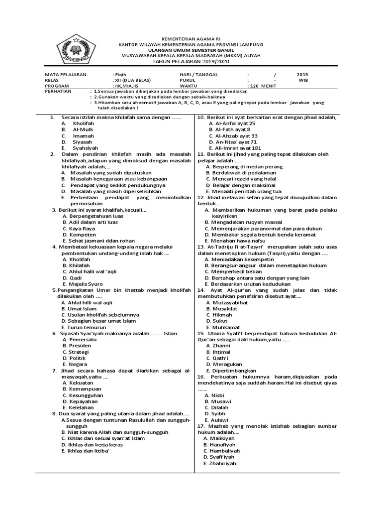 Soal Fiqh Semester Ganjil Kls XII | PDF
