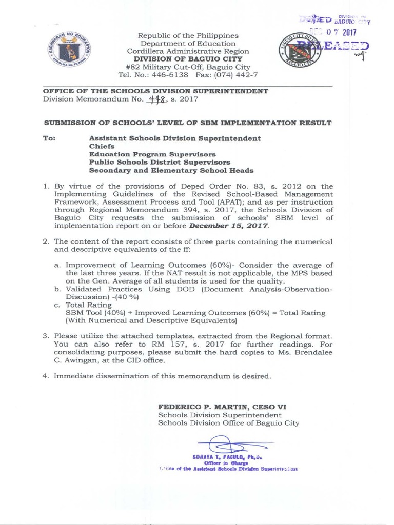Division Memo No. 448 S. 2017 Submission of Schools Level of SBM ...