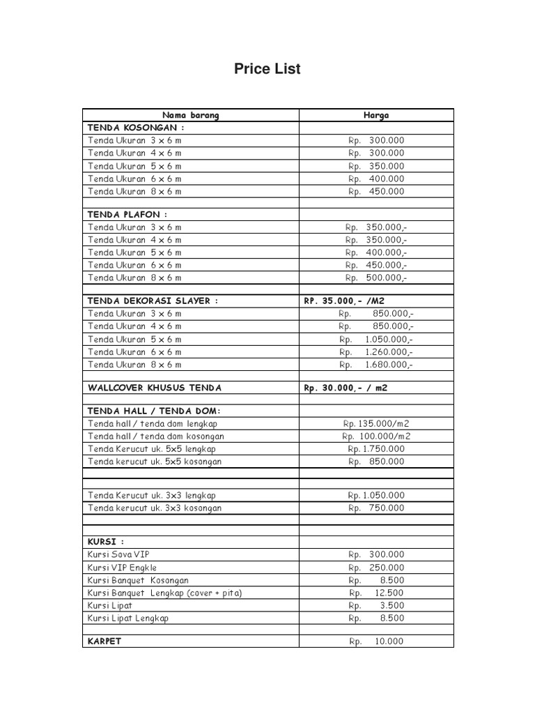 Price List Sewa Tenda | PDF