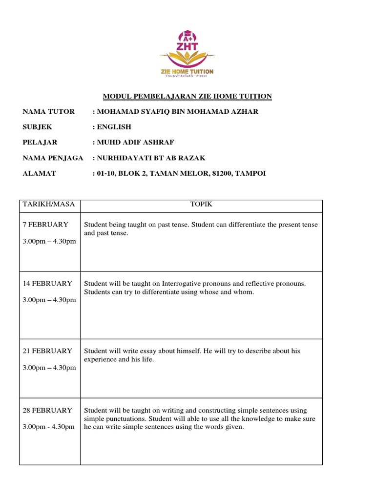 Template Modul Pembelajaran Zie Home Tuition 2.0 | PDF
