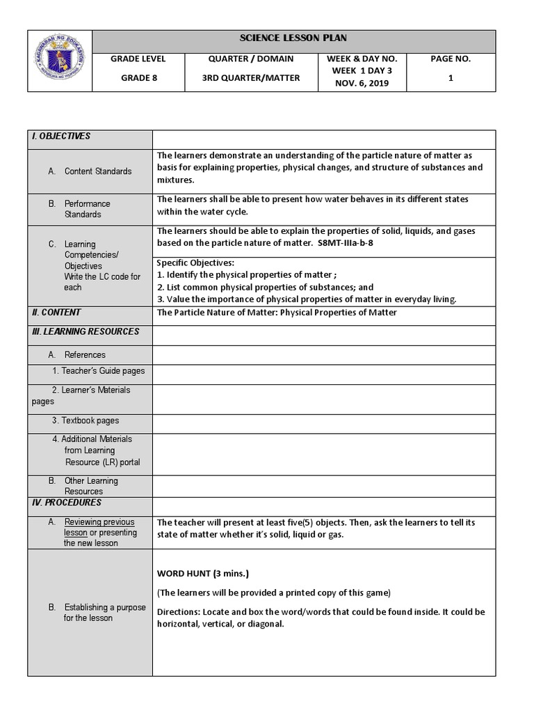 Grade 8 Science Lesson on Particle Nature of Matter | PDF
