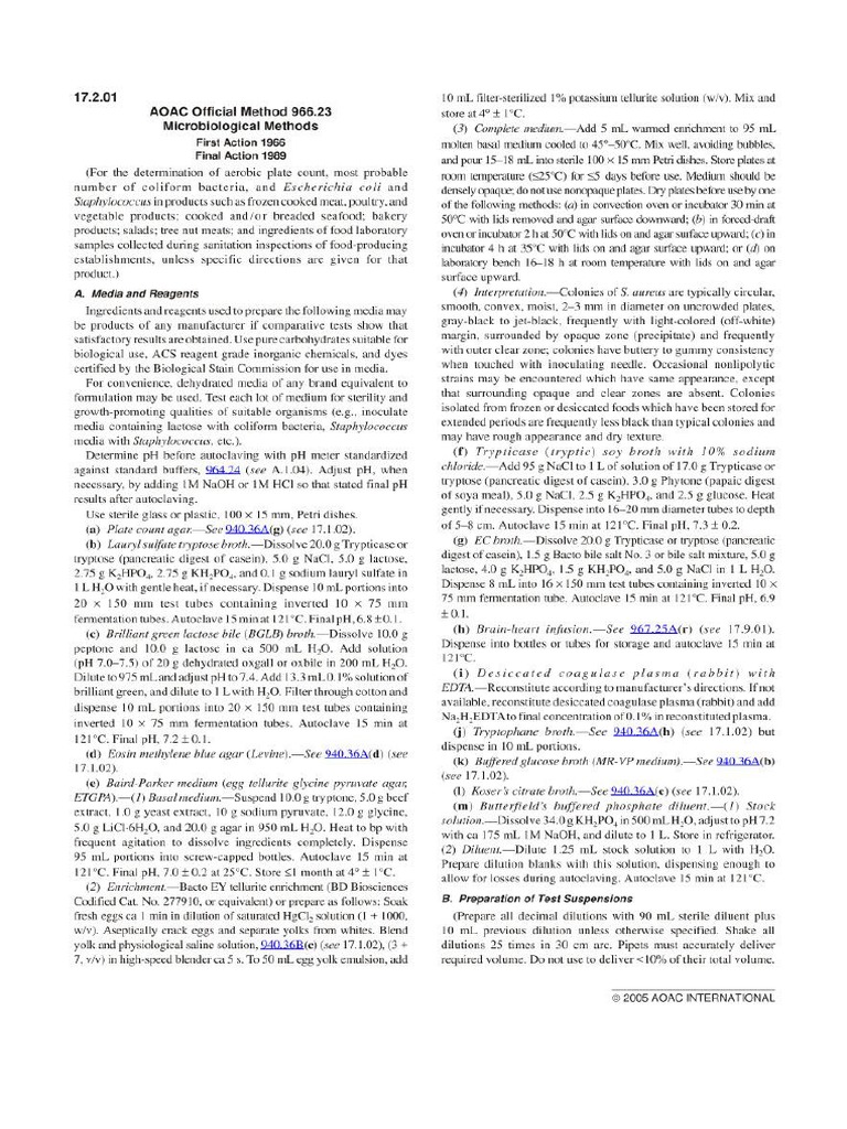 AOAC Official Method 966.23, Microbiological Method, 2005 | PDF