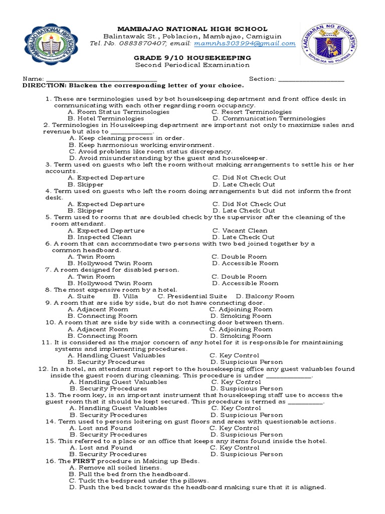 Grade 9 Housekeeping Exam Questions | PDF