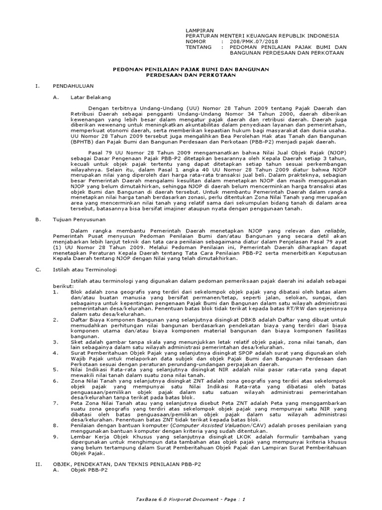 Lampiran PMK 208 Pedoman Penilaian PBB P2 | PDF | Pengelolaan Keuangan ...