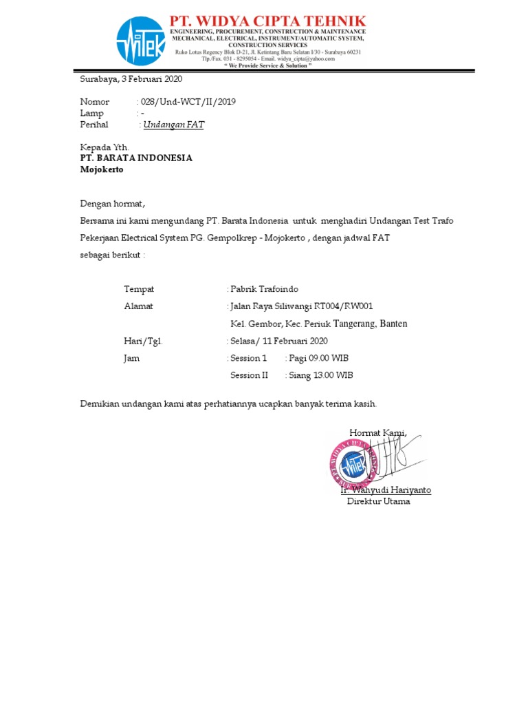 028 Undangan FAT Trafo Gempolkrep | PDF