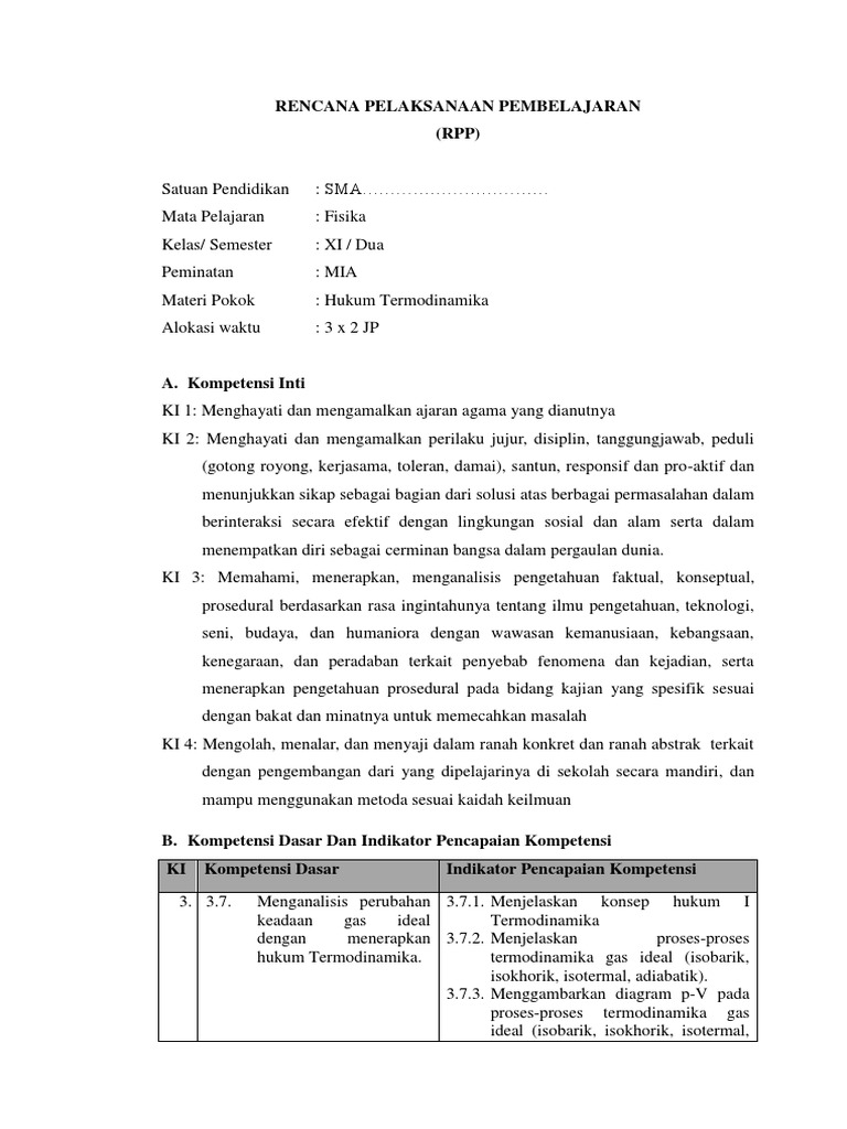 RPP Fisika: Hukum Termodinamika Kelas XI | PDF | Sains & Matematika
