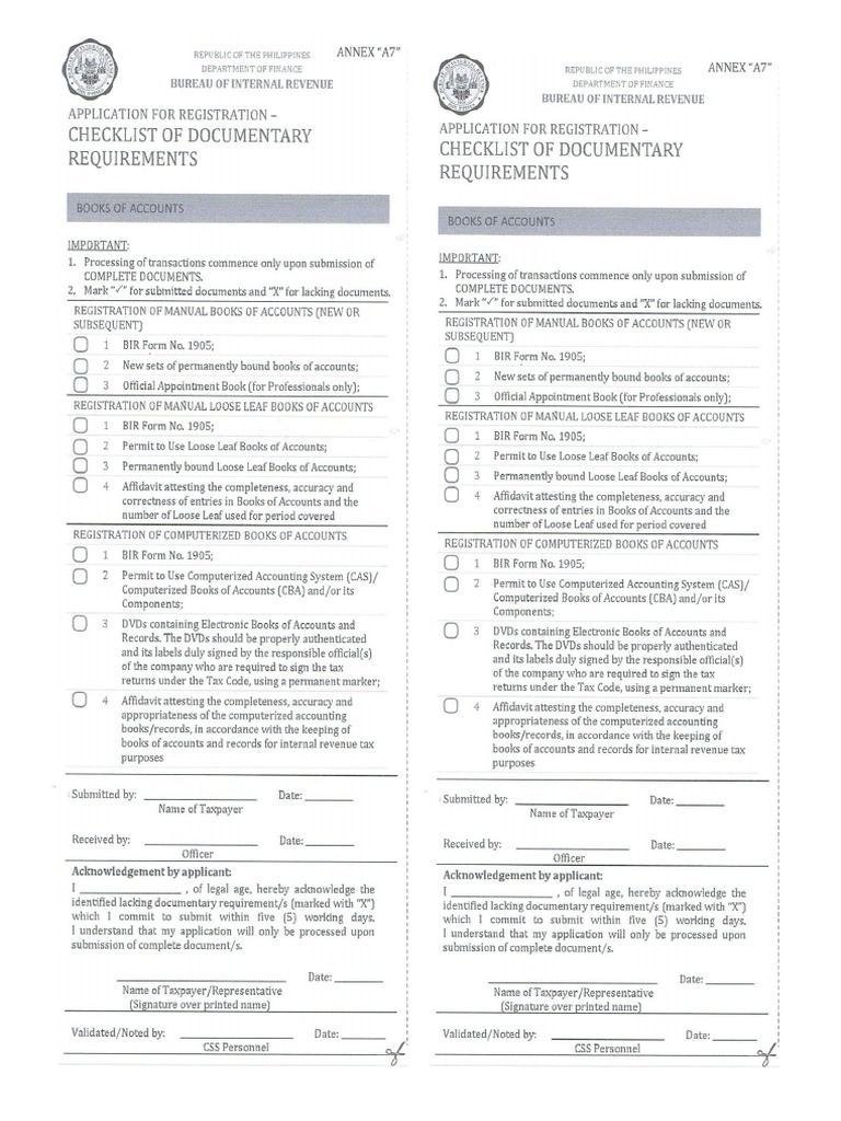 BIR Application For Registration Checklist | PDF