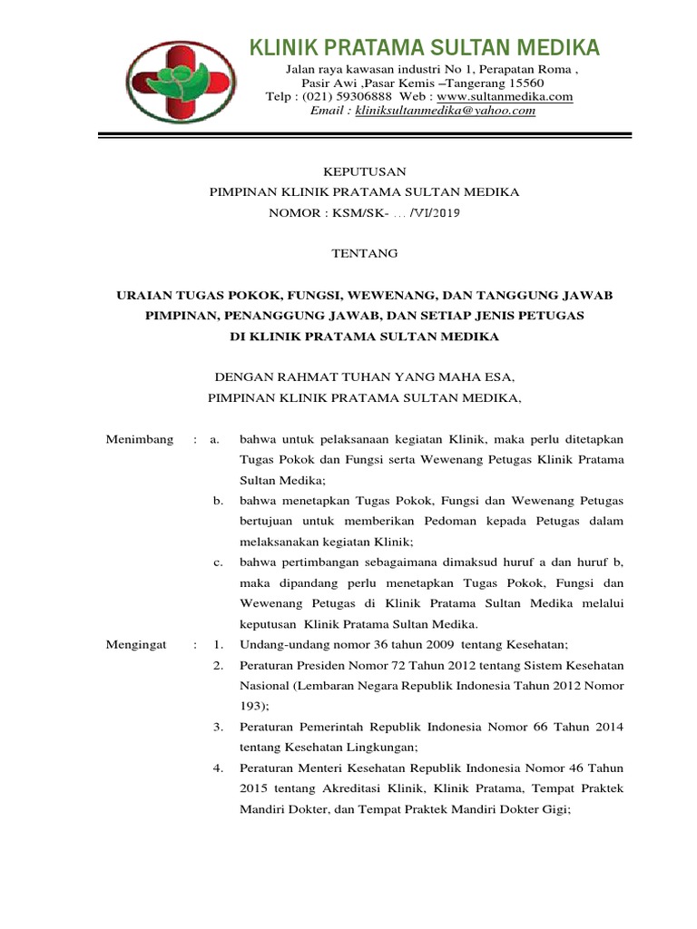 SK URAIAN TUGAS Klinik Pratama Sultan Medika | PDF