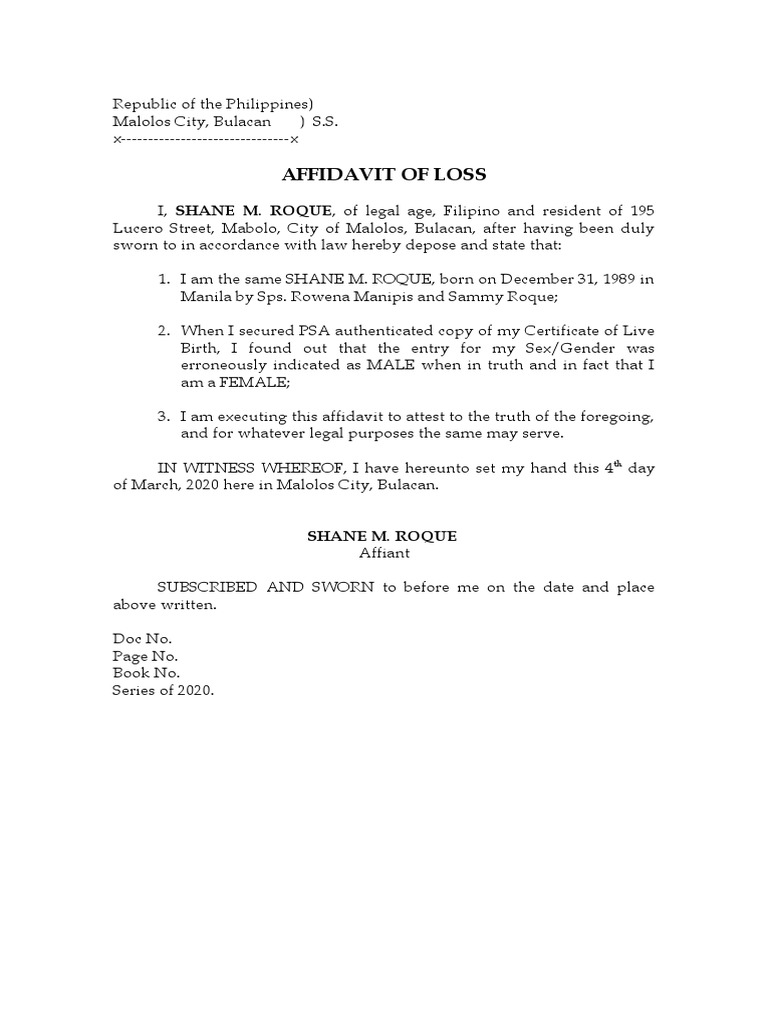 Affidavit of Correction of Gender | PDF