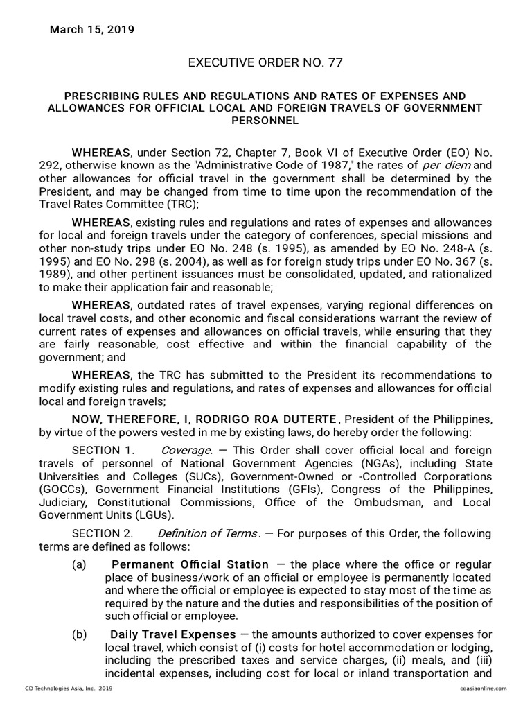 EO 77, S. 2019 Travel Expenses (CDASIA) PDF | PDF | Business | Social ...