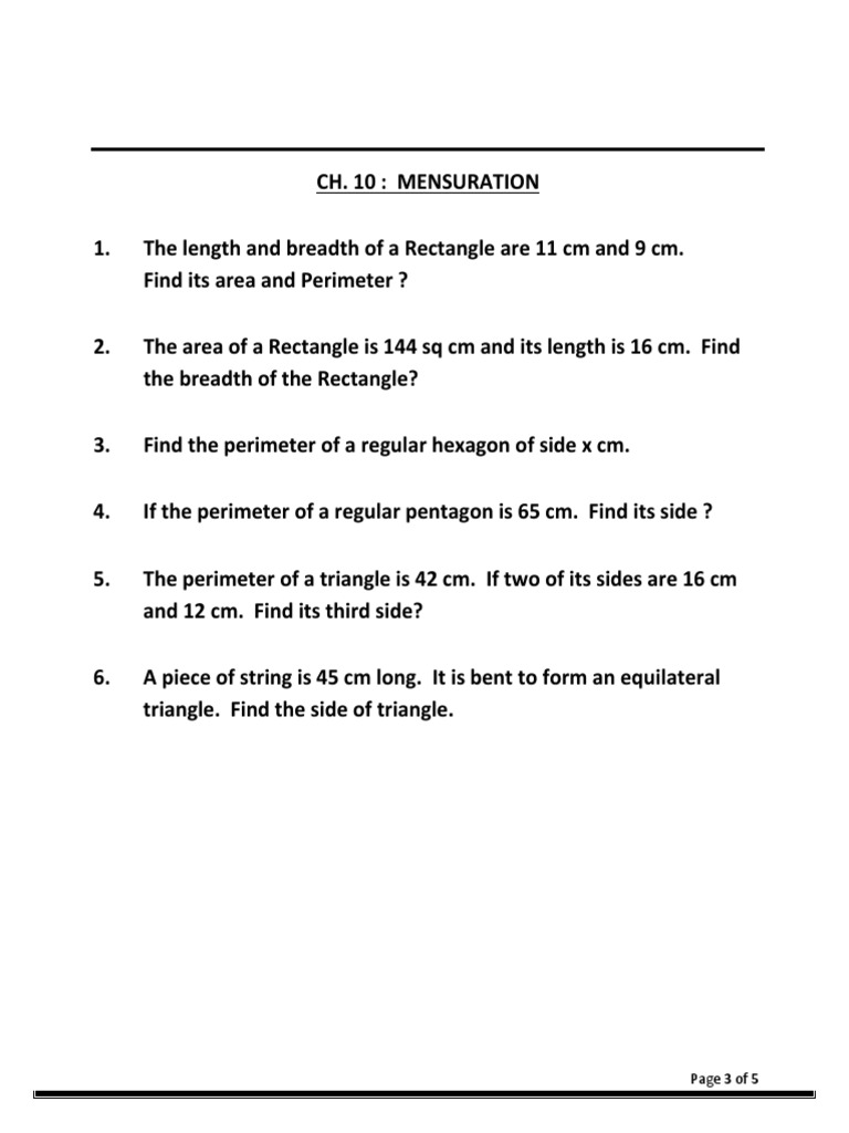 CBSE Class 6 Mensuration Worksheet | PDF | Home & Garden