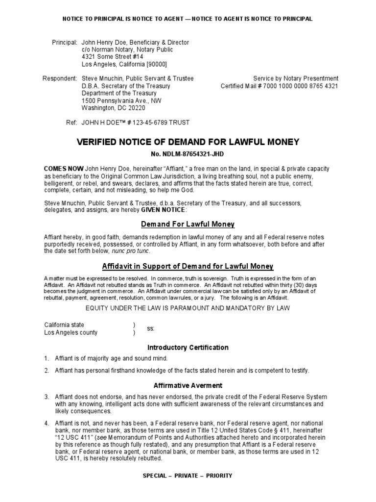 Notice of Demand For Lawful Money - To US Treasury | PDF