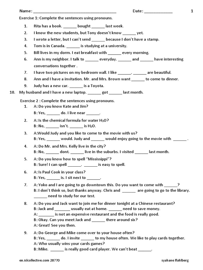 Subject and Object Pronouns With Answers - 84544 | PDF