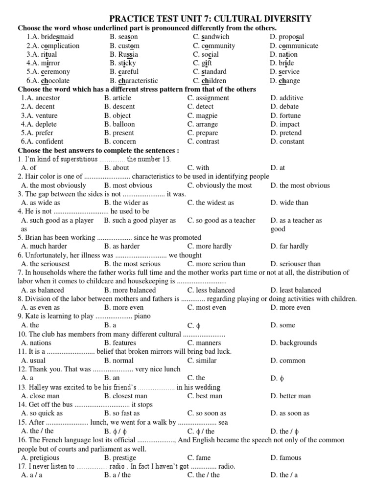 Unit 7 Practice Test: Cultural Diversity | PDF