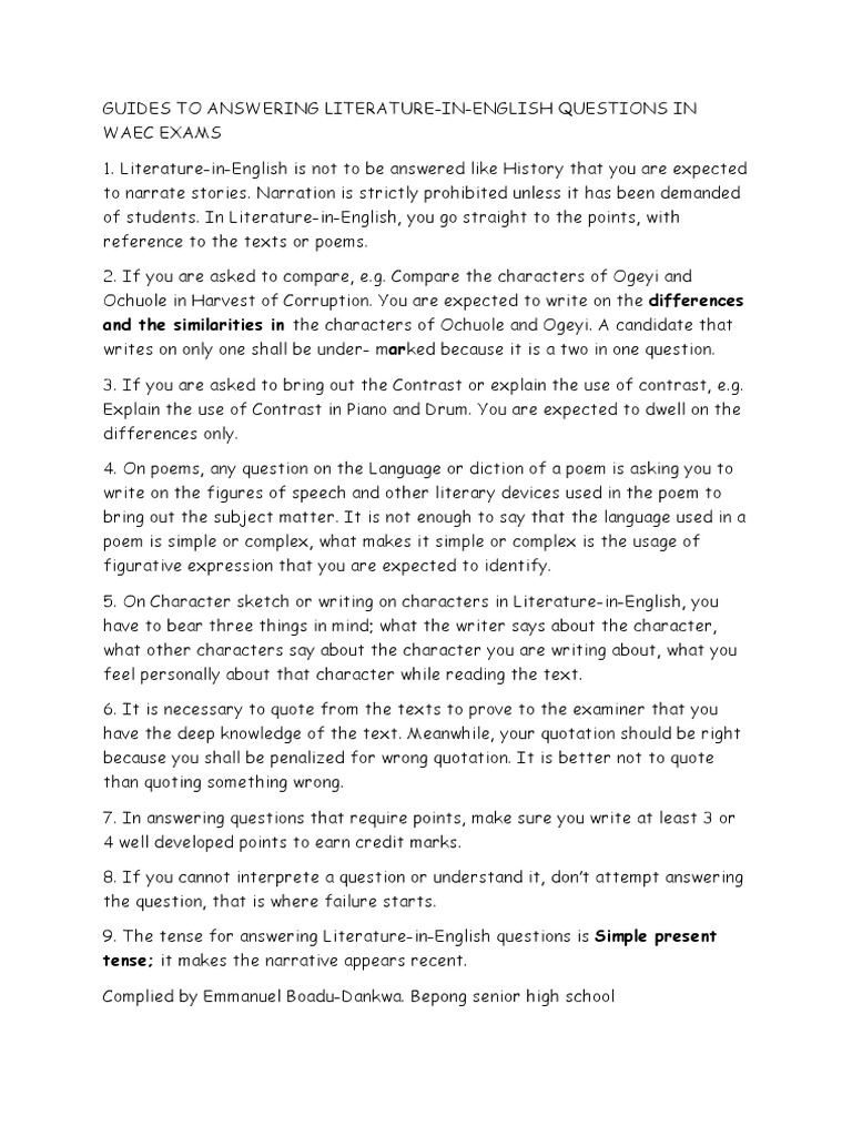 Guides To Answering Literature-In-English Questions in Waec Exams | PDF