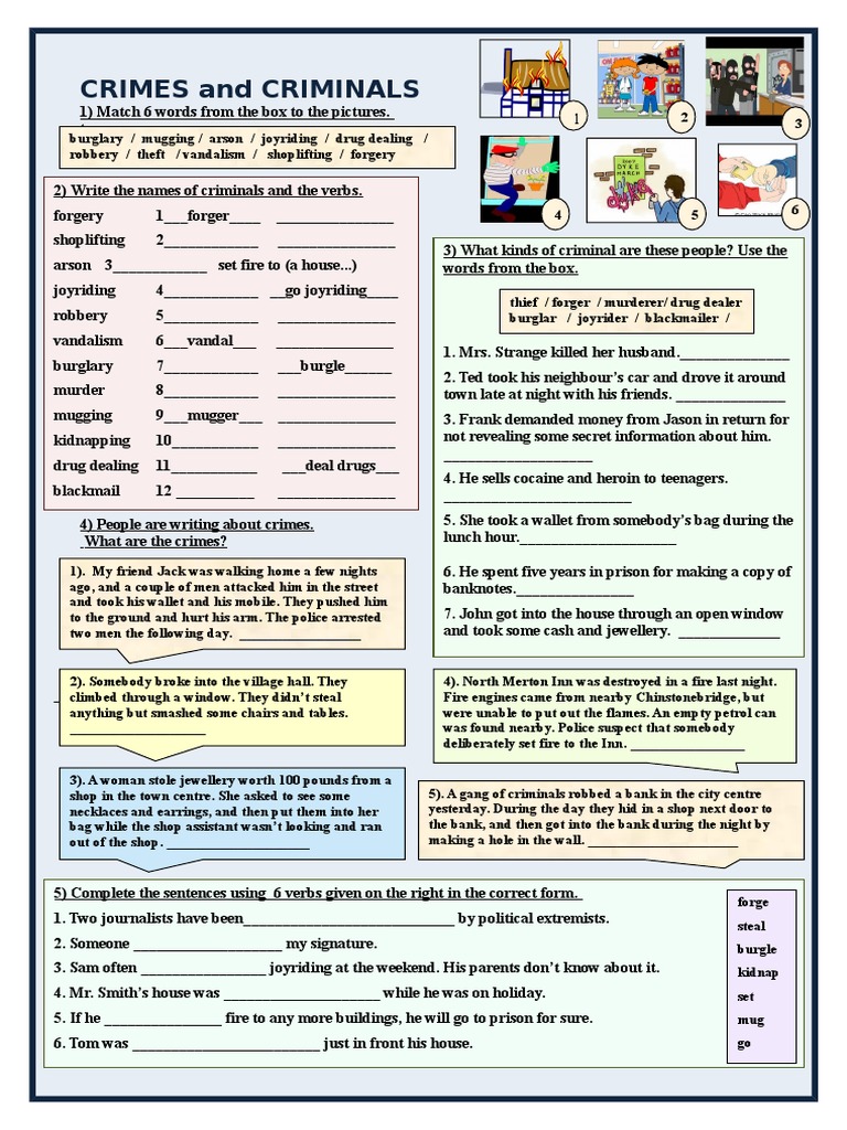Crimes and Criminals Vocabulary Picture Description Exercises Reading ...