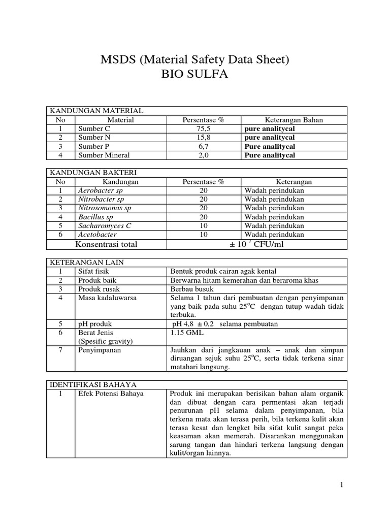MSDS Produk Bio Sulfa | PDF | Kesehatan Holistik | Memasak, Makanan ...