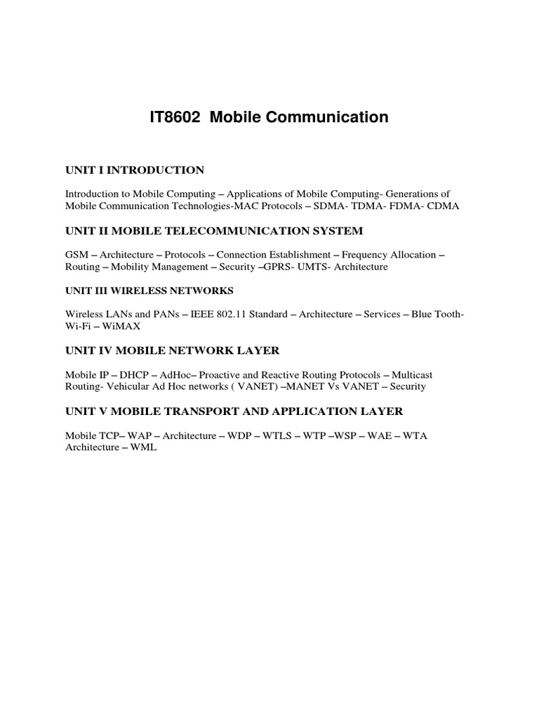 IT8602 Mobile Communication Syllabus | PDF | Business | Technology & Engineering