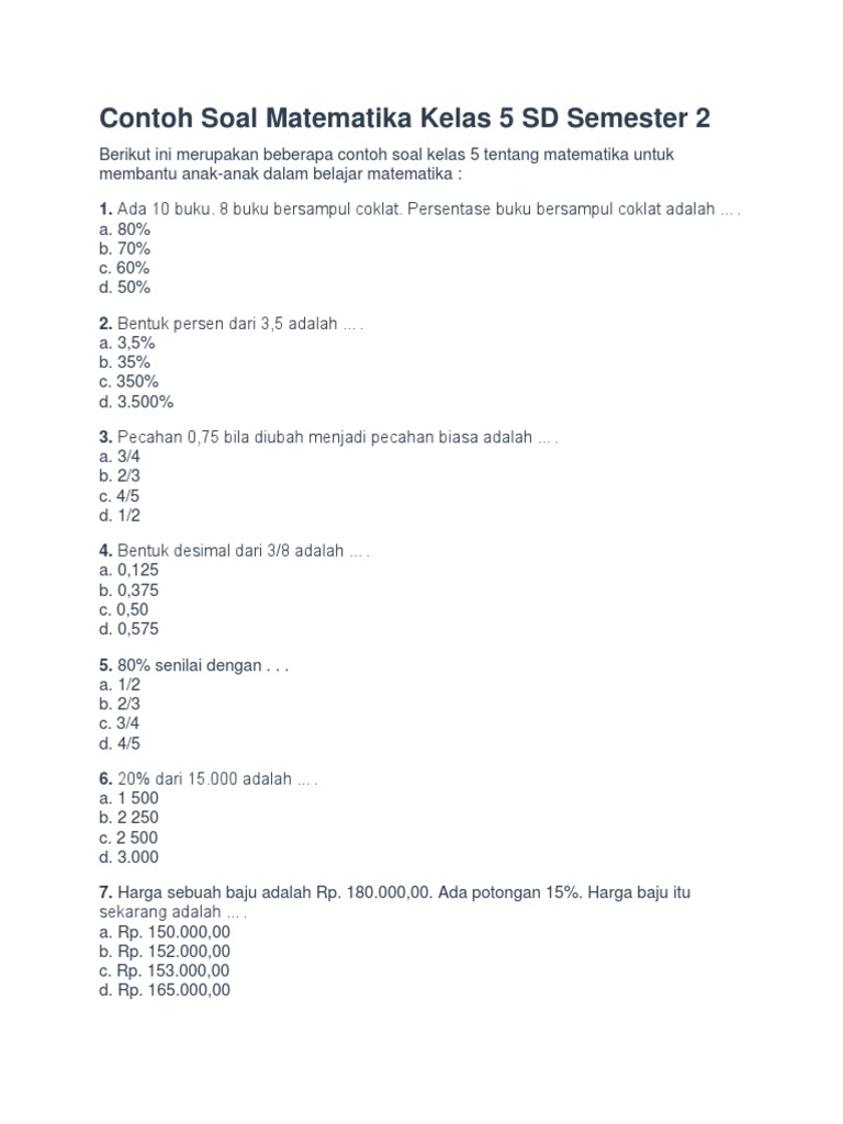 Contoh Soal Matematika Kelas 5 SD Semester 2 | PDF