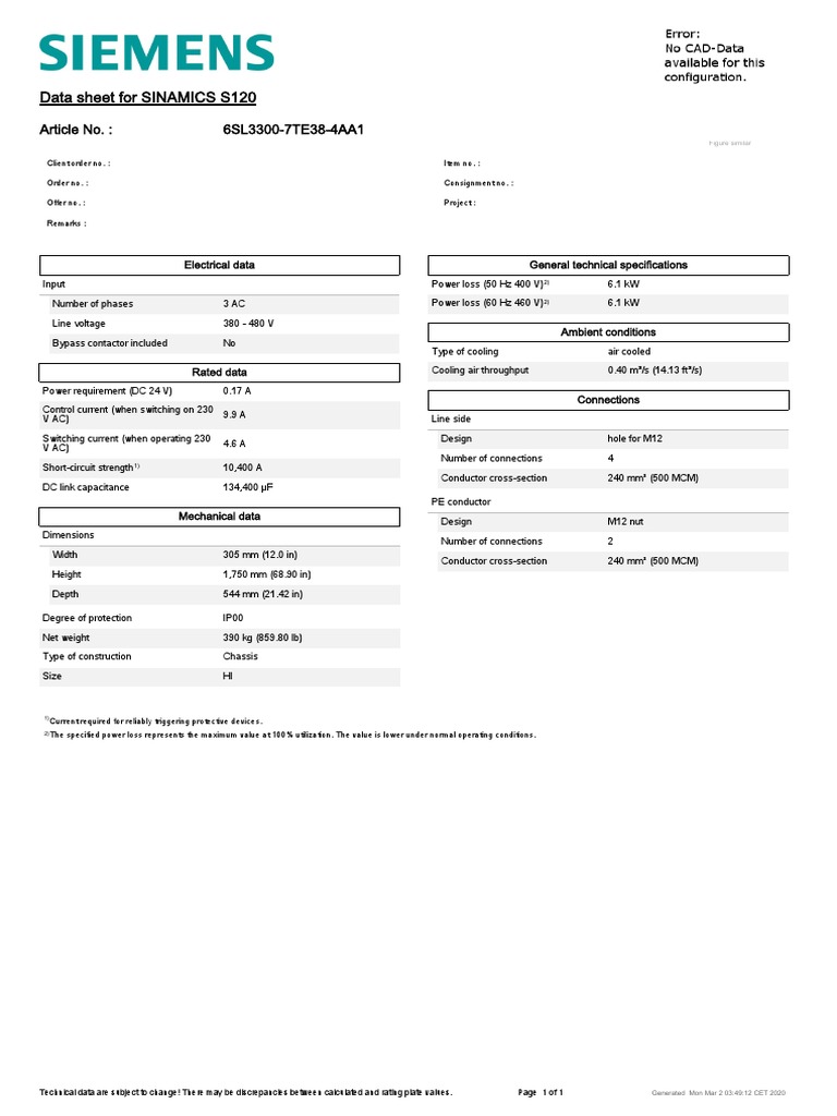 SINAMICS S120 Data Sheet Overview | PDF
