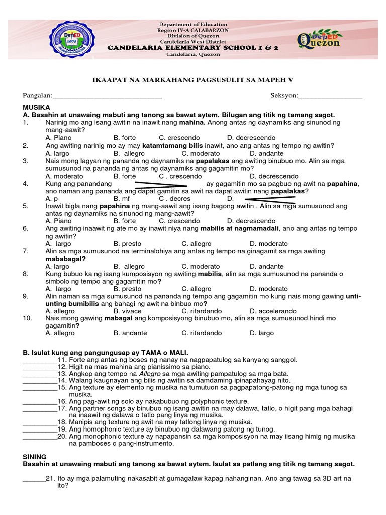 Ikaapat Na Markahang Pagsusulit Sa Mapeh V | PDF