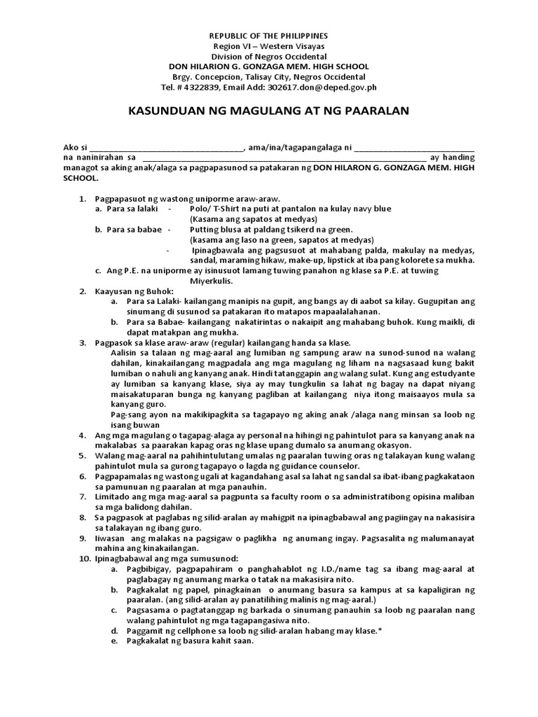Kasunduan NG Magulang at NG Paaralan | PDF