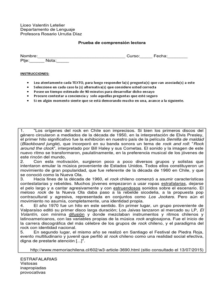 Prueba de Comprensión Lectora | PDF | Arte | Libros para adolescentes