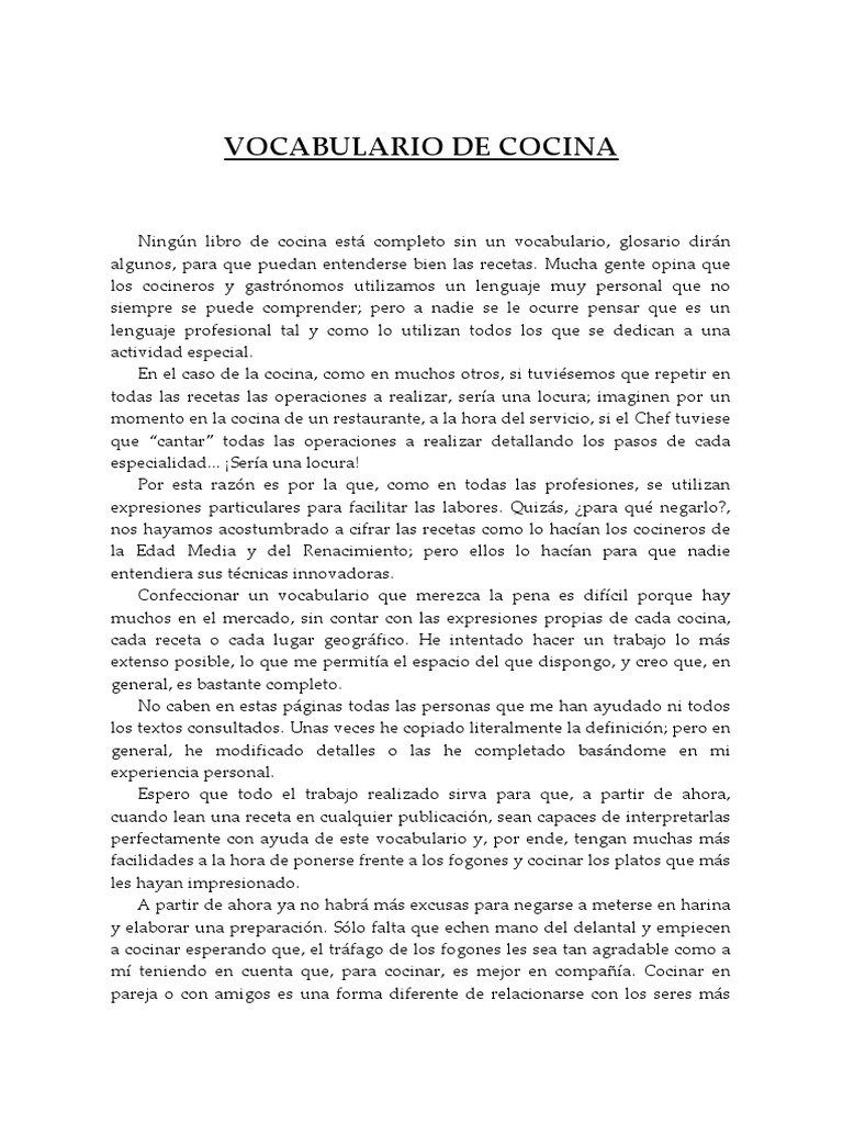 Vocabulario Esencial de Cocina | PDF | Cocina, comidas y vino