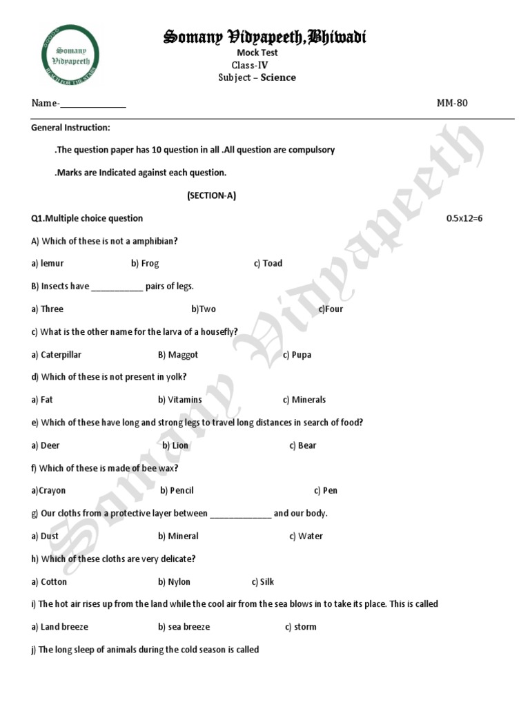 Science Mock Test for Class IV | PDF | Teaching Methods & Materials
