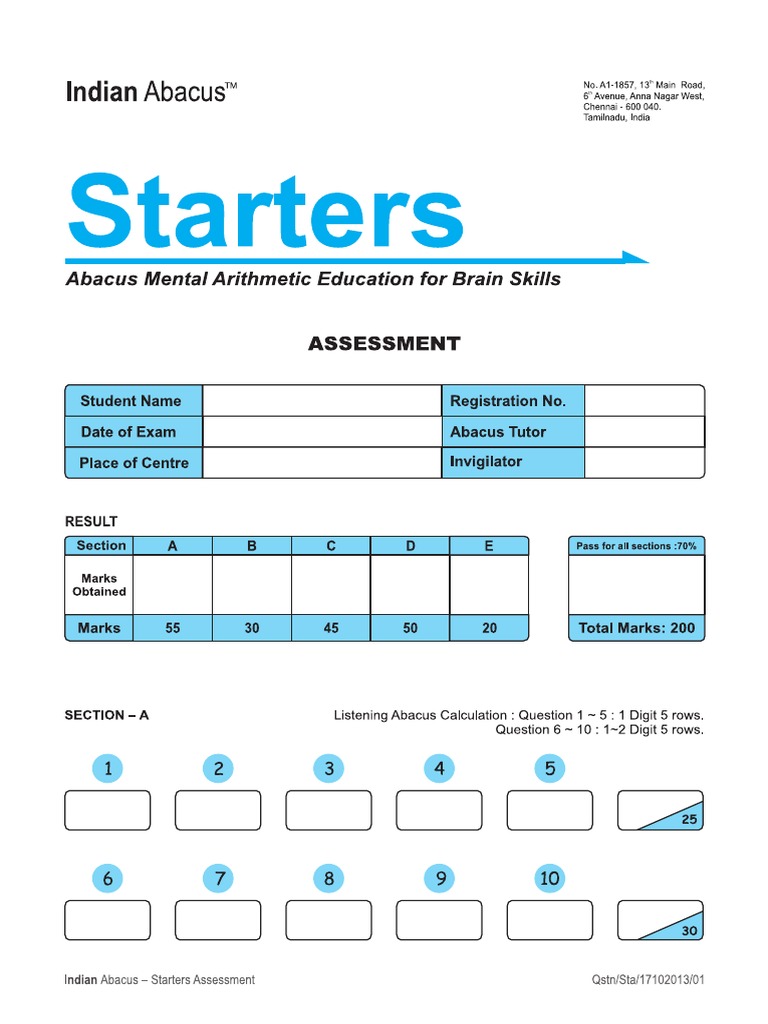 Indian Abacus Starters Question Paper 1st Level Free | PDF