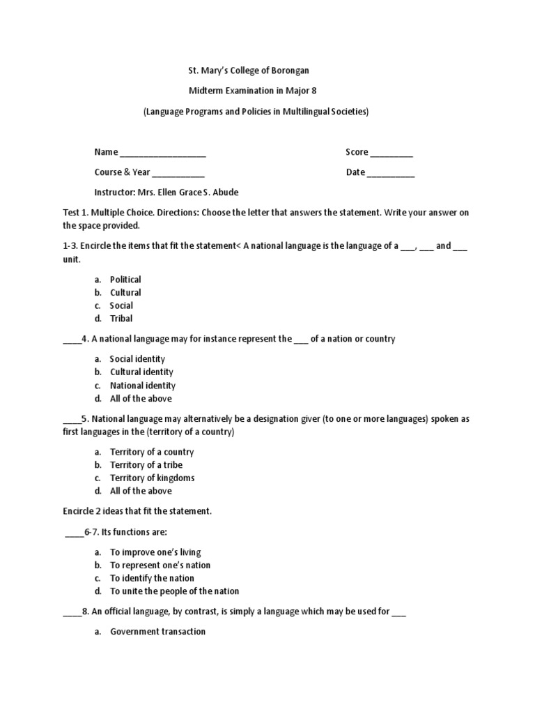 Midterm Exam: Language Policies in Multilingual Societies | PDF ...