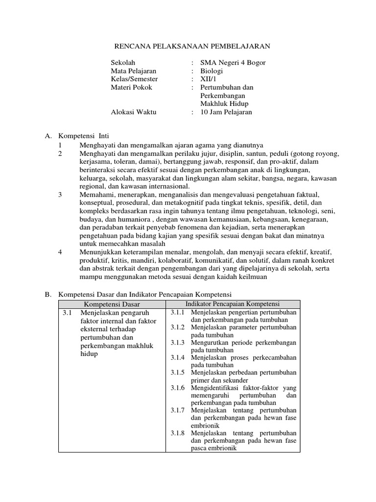 RPP Pertumbuhan Dan Perkembangan | PDF