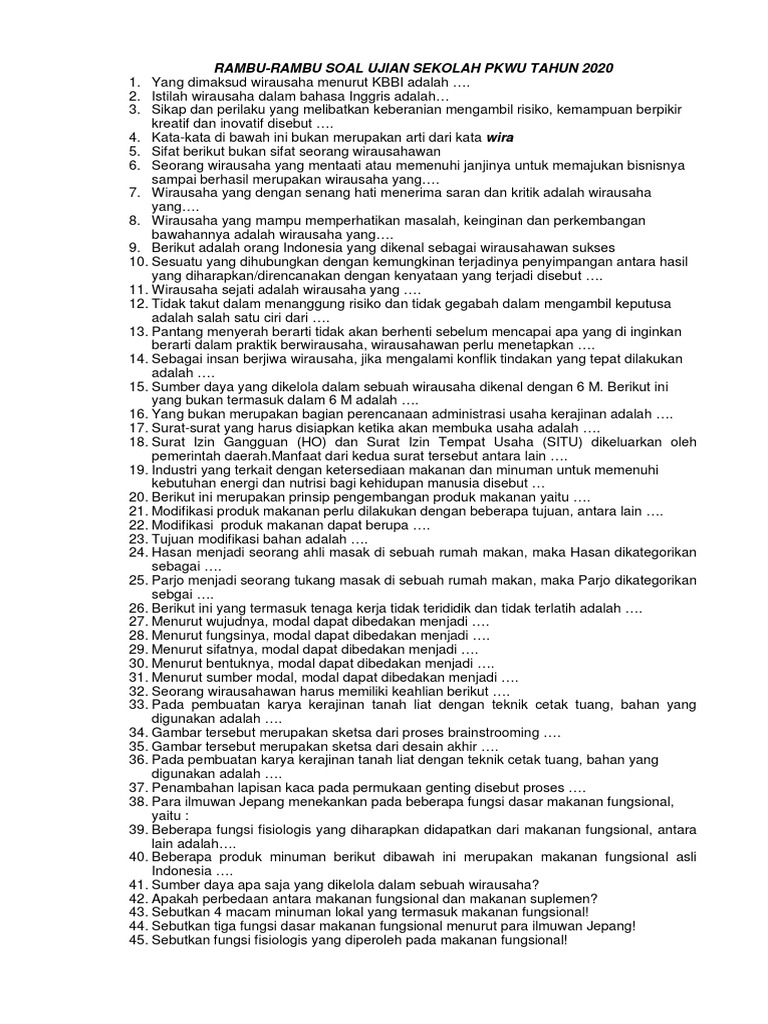 Rambu-Rambu Soal Ujian Sekolah Pkwu Tahun 2020 | PDF
